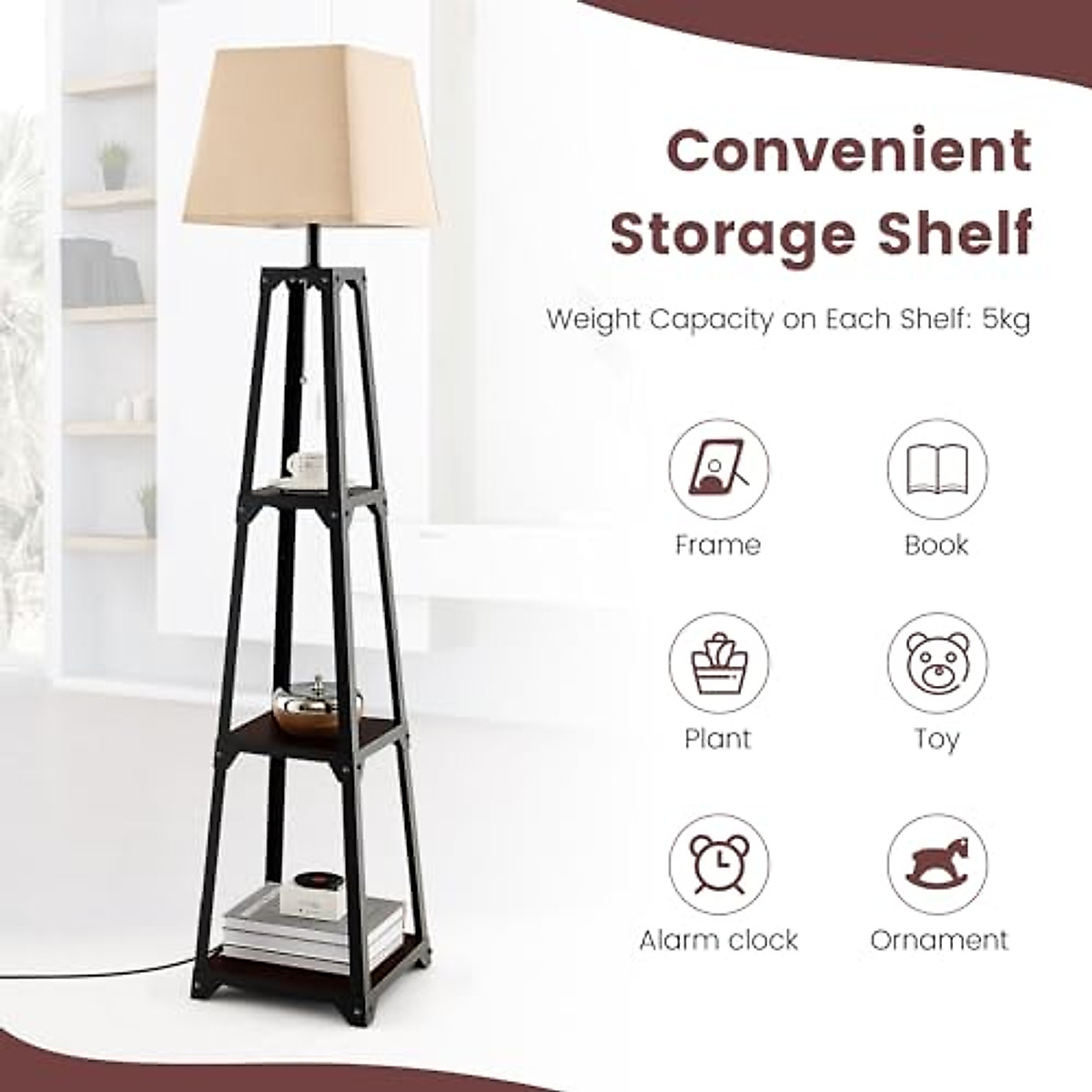 Tangkula Shelf Floor Lamp, Modern Wood Square Standing Lamp with 3 Tiers Shelves and Linen Shade, Stable Trapezoidal Design, E26 Lamp Base, 62" Tall Metal Frame Shelf Lamp for Living Study Bedroom