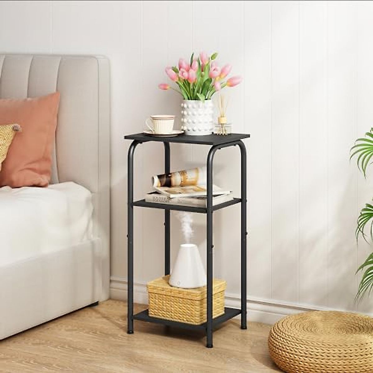 Tajsoon Tall End Table 3 Tier 30 Inch Narrow Side Table with Storage Shelves, Small Table Stand for Small Spaces with Metal Frame, Small Sofa Table for Living Room, Bedroom, Office, Black