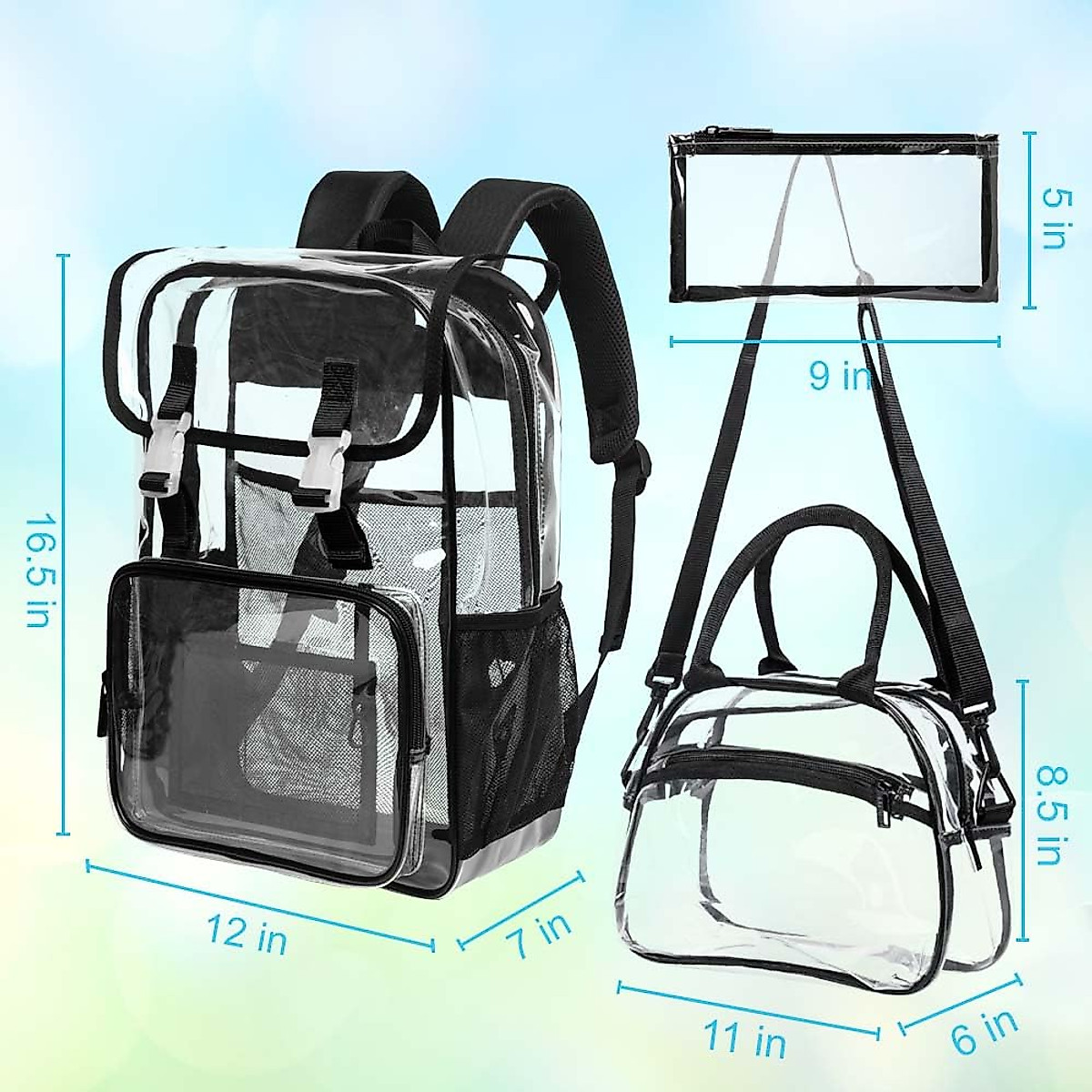 FTJCF Clear Backpack, Stadium Approved Transparent Bookbag, Heavy Duty PVC See Through Backpack - Black