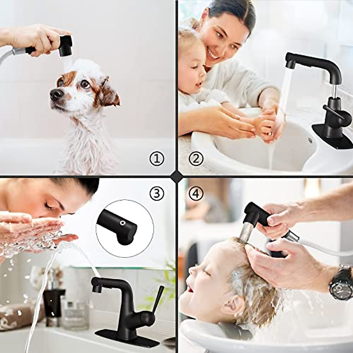 Joozer Matte Black Bathroom Pull Out Faucet Bathroom Faucet with Pull Out Sprayer RV Faucet for Bathroom Sink Lavatory Single Hole 3 Mode Rotating Spout for Cold and Hot Water with 6 Inch Deck Plate