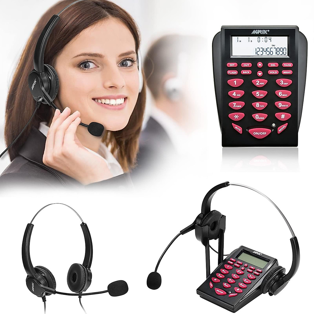 AGPtEK Upgraded Call Center Phone, Corded Telephone with Binaural Headset & Dialpad for House Call Center Office - Noise Cancellation