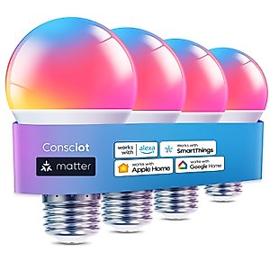 Consciot Smart Light Bulbs, A19 E26 Color Changing LED Bulbs, WiFi & Bluetooth, Matter-Certified, Works with Alexa, Google Home & Siri, No Hub Required, Music Sync, 800 Lumens 60W Equivalent, 4 Pack
