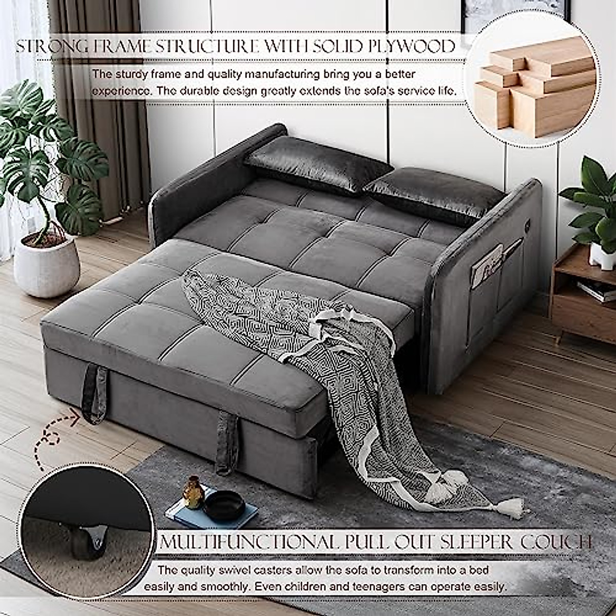 Velvet Pull Out Sleeper Sofa Bed with USB Ports, Convertible Futon Couch with Adjustable Backrest, 3 in 1 Modern Loveseat with 2 Pockets and Pillows, Small Love Seat for Living Room, Office, Dark Grey