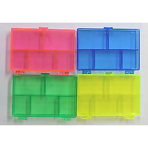 BIN BUDDY Set of 4 | Colored Transparent Plastic Boxes | 4.5" (11.4 cm) x 3" (7.6 cm) x 1" (2.5 cm) | Hinged Lids, 5 Internal Sections | For Crafts, Sewing