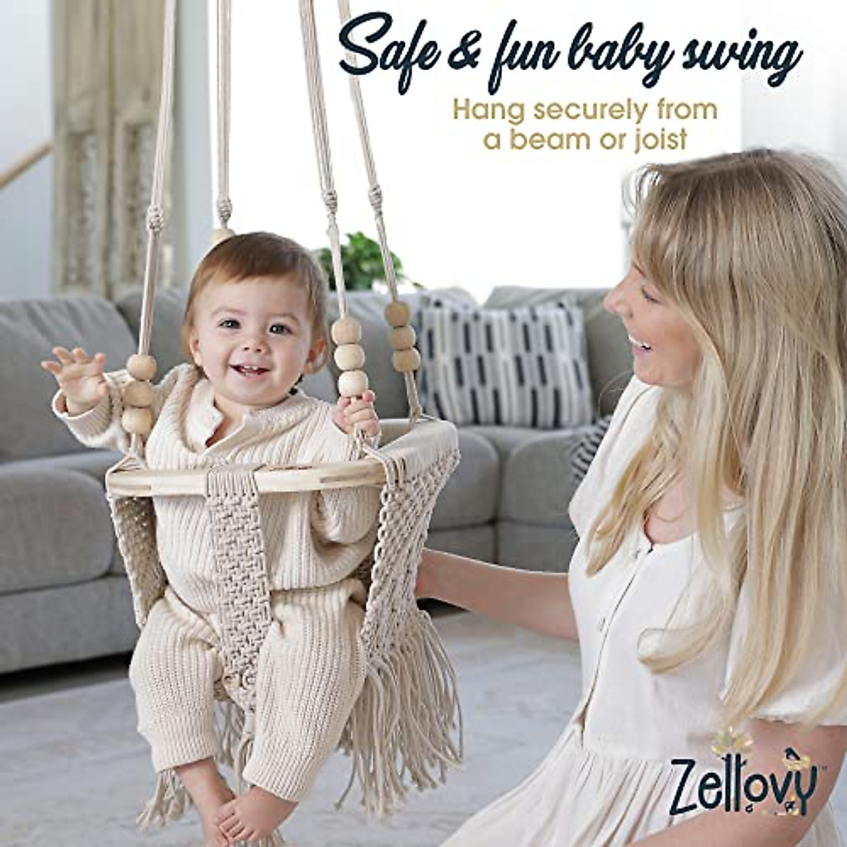 ZELLOVY Organic Macrame Baby Swing Chair with Cushion & Portable Canvas Backpack | Boho Baby Swing Outdoor Indoor Infants & Toddler | Hanging Rope Baby Gift Swing | Handmade Crochet Baby Hammock Swing