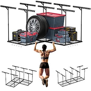 Besiost 32 Inches L Shaped Overhead Storage Rack, Height Adjustable Garage Storage Organization System, Heavy Duty Reversible Garage Ceiling Storage Rack for Garage, Warehouse, Load 700LBS