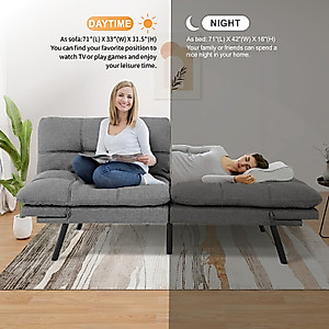 MUUEGM Futon Sofa Bed Couch，Memory Foam Futon Convertible Sofa Bed, 71″Fabric Futon with Convertible Backrest,Modern Loveseat Sofa,Sleeper Couch for Compact Space,Apartment,Living Room,Light Grey