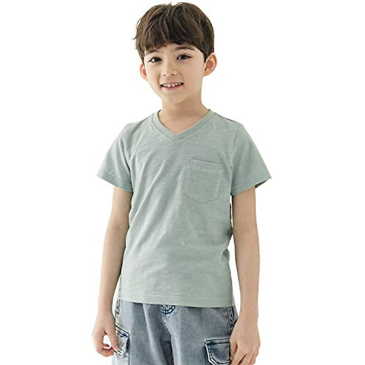 CUNYI Little Boys' Solid Short Sleeve Pocket V-Neck T-Shirt Summer Tops, Light Green, 140