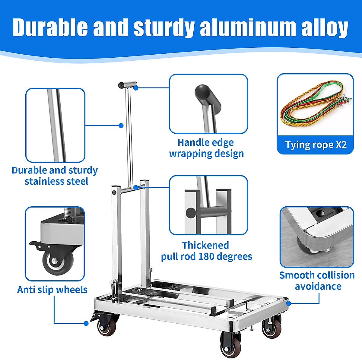 YZNKLXF Folding Hand Truck, 500lbs Stainless Steel Foldable Dolly Cart with 4 Wheels & 2 Elastic Ropes for Luggage for Luggage, Travel,Moving and Office Use, Shopping