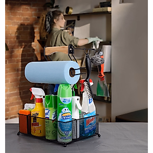 BBQ Caddy Grill For Organizing Utensils, Paper Towels, Accessories, Condiments, Kitchen Tools, Camping, Picnic, Outdoor Grilling, Heavy Duty Steel Frame Mesh Finley Crafted Bamboo Wood Carrying Handle