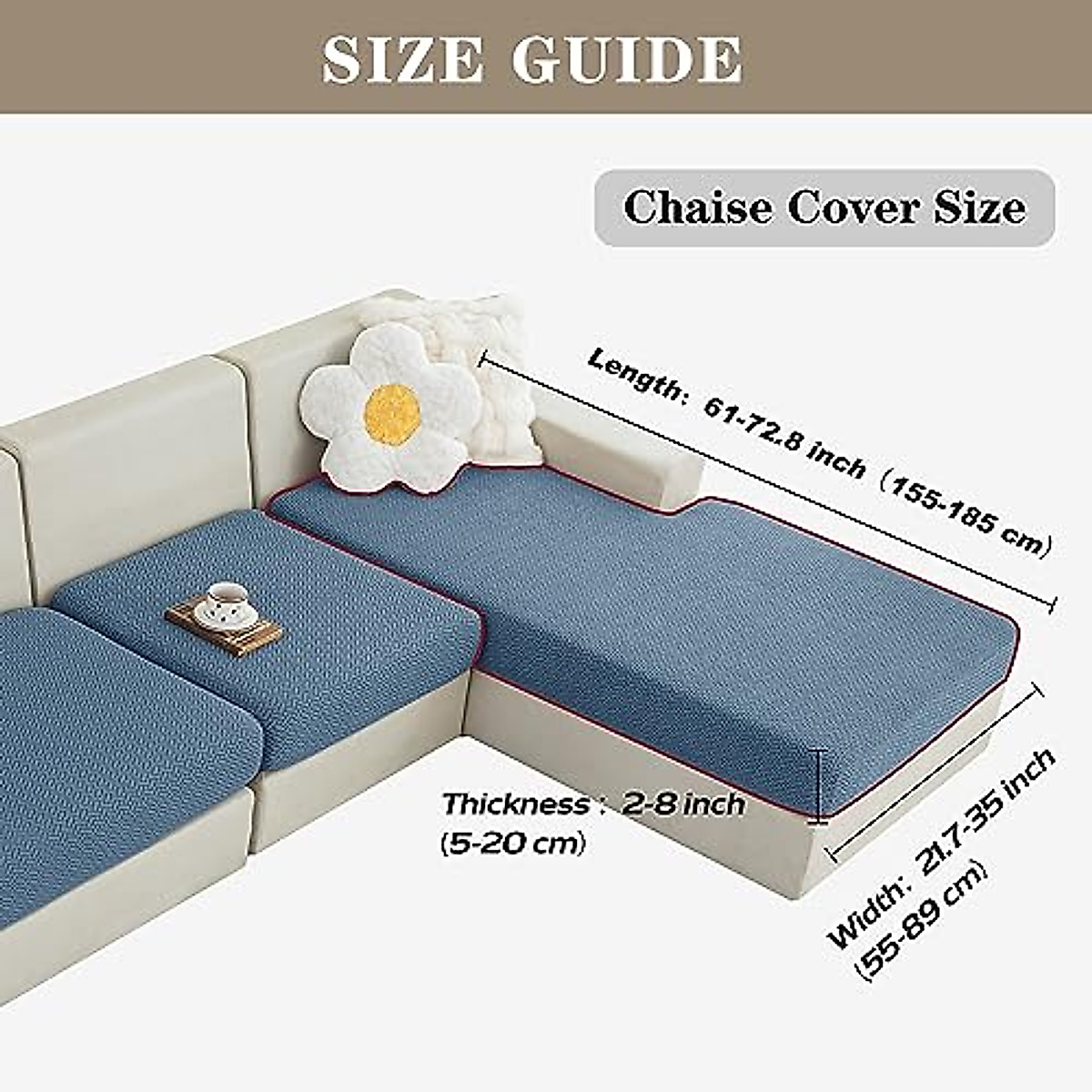 Jin Le 2 PCS Couch Cushion Covers for Sectional Sofa (3 Seater + 1 Chaise, Blue) Jacquard Chaise Anti-Slip with Elastic Bottom and Ties