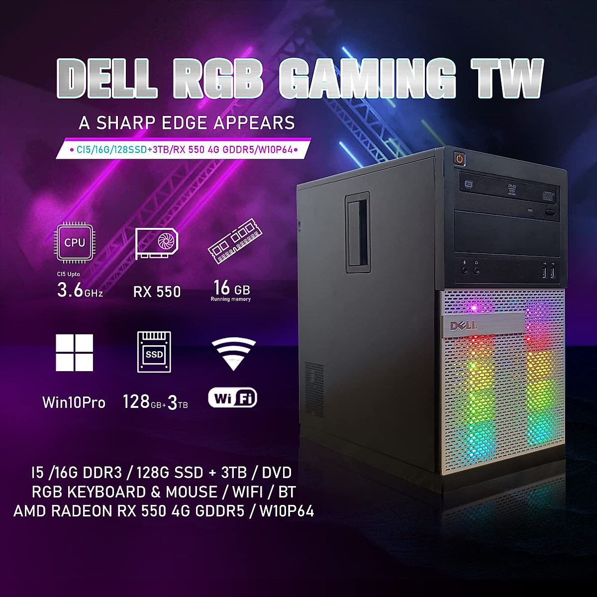 Dell RGB Gaming Desktop PC, Intel Quad I5 up to 3.6GHz, 16GB RAM, Radeon RX 550 4G GDDR5, 128G SSD + 3TB, DVD, WiFi & Bluetooth, RGB Keyboard & Mouse, Win 10 Pro (Renewed)