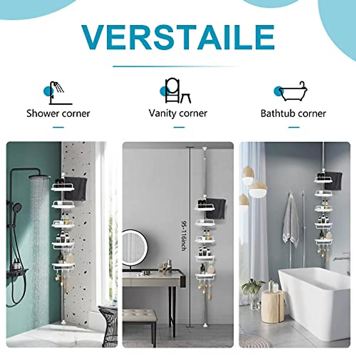 DYN Ptah Shower Caddy Corner - 5-Tier 95-116 Inch Rustproof Adjustable, Stainless Steel Tension Pole Shower Caddy Corner for Bathroom Storage, White