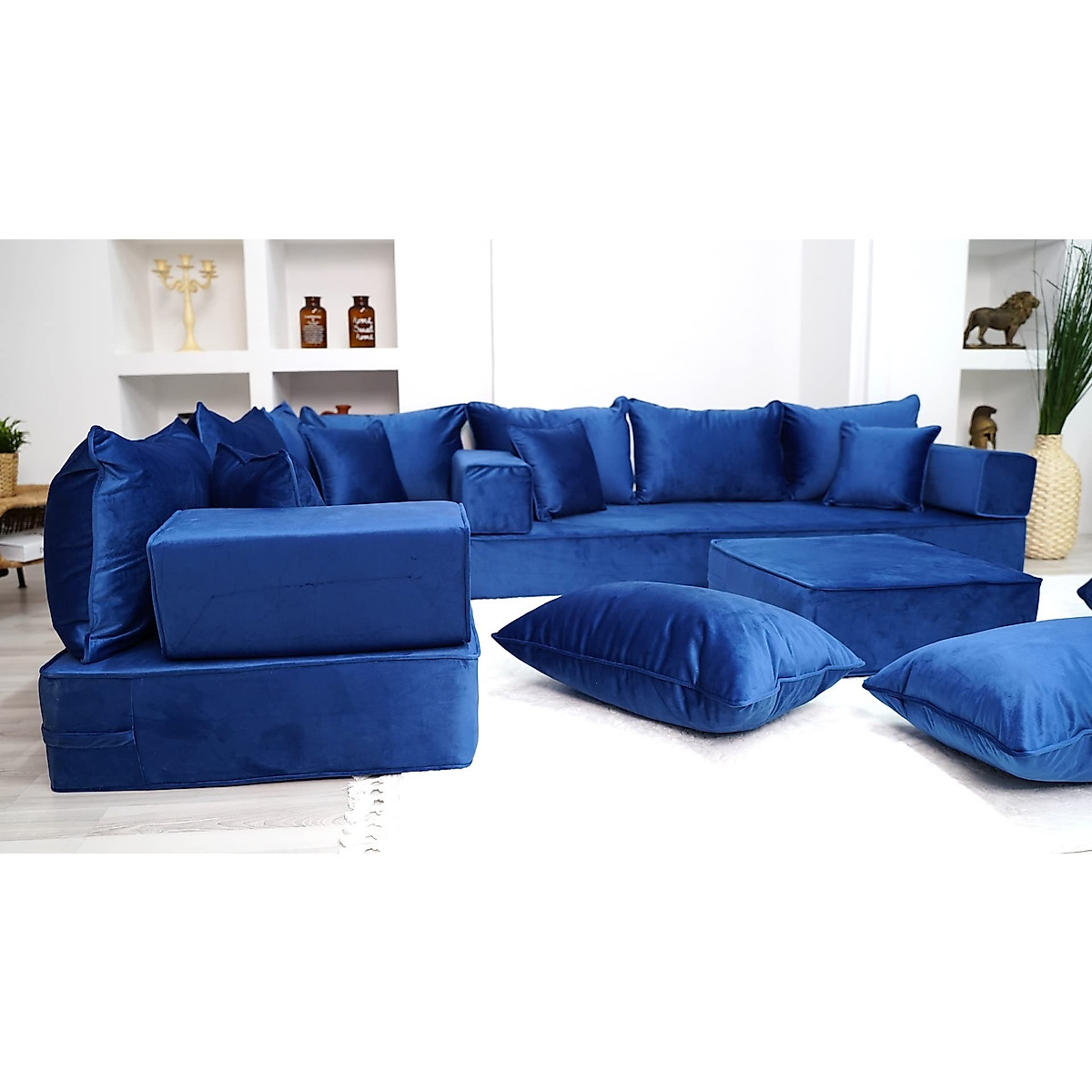 8" Thickness Fabric Royal Blue L Shaped Couch, Moroccan Livingroom Floor Couch, Velvet Sofa Cover, Sofa Bed, Velvet Arabic Seating (L Sofa + Ottoman + Pillows)