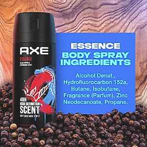 AXE Body Spray Deodorant for Long Lasting Odor Protection Essence Black Pepper & Cedarwood Men's Deodorant Formulated Without Aluminum, 4 Ounce (Pack of 4)
