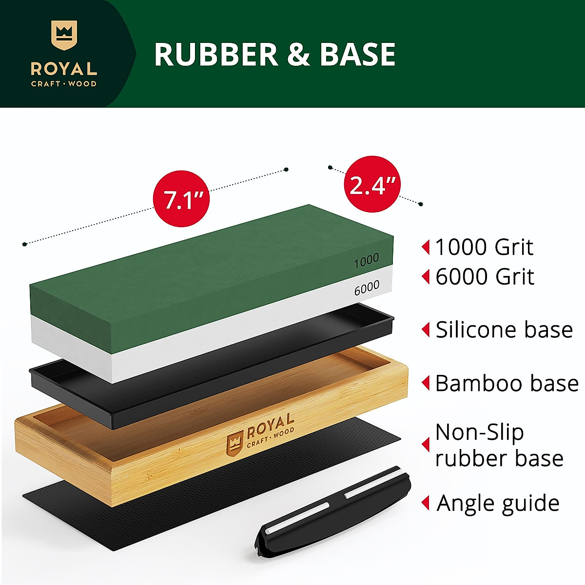 Universal Knife Sharpening Stone w/Dual Grit 1000/6000 for Kitchen Knife Set, Chef Knife, and more - Whetstone Sharpening Kit with Angle Guide, Non-Slip Silicon and Bamboo Bases by ROYAL CRAFT WOOD