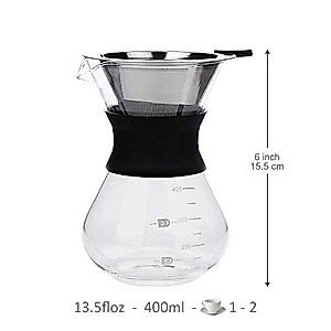 Glass Pour Over Coffee Maker Set with Reusable Stainless Steel Drip Filter Elegant Coffee Dripper Pot Glass Carafe & Permanent Stainless Steel Filter