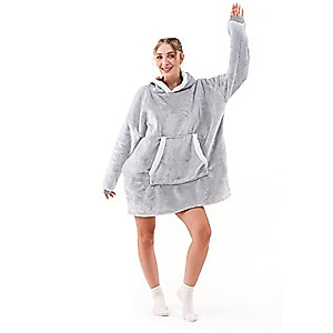 FEDERI The Original Oversized Sherpa Wearable Blanket Hoodie | Plush Fleece Blanket Sweatshirt with Pockets and Sleeves for Men and Women | One Size Fits All (32x44 inches) (Gray)