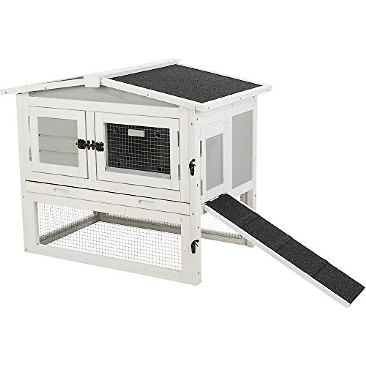 TRIXIE Natura Insulated Rabbit Hutch with Large Run, Hinged Peaked Roof, 2-Story with Ramp, for Rabbits or Guinea Pigs, Gray/White