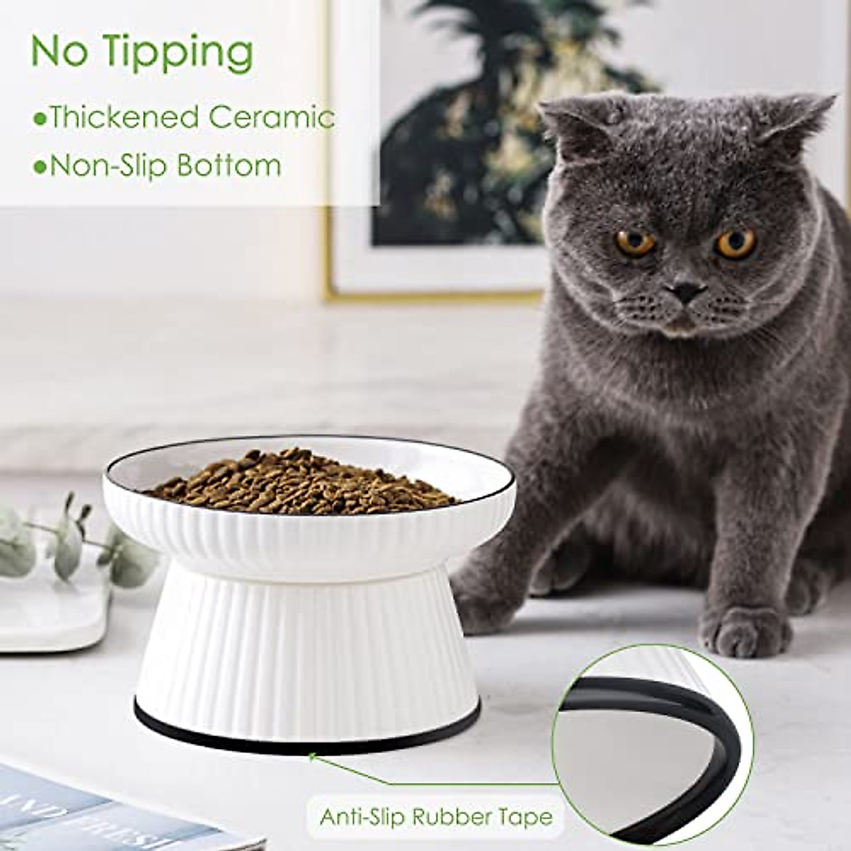 Large Ceramic Elevated Cat Food Bowl,Whisker Friendly Raised Cat Water Bowl,Stress Free Food Feeding Dish,Anti Whisker Fatigue Bowl with Anti-Slip Strip for Cats & Small Dogs,Non Tipping