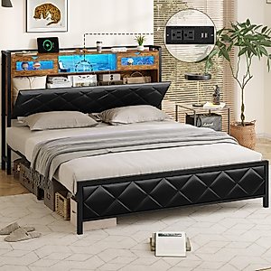 DICTAC Queen LED Bed Frame with Bookcase Storage Headboard, Charging Station,Hidden Storage Space Metal Platform Bed Frame with Storage Shelves & LED Lights,Faux Leather,Heavy Duty Metal Slats,Black