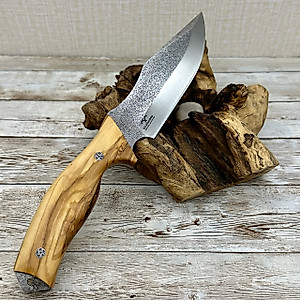 Golden Horn Expert in Handcraft HUNTING KNIFE WITH SHEATH, OLIVE HANDLE HUNTING KNIFE, N690 STEEL BLADE, GENUINE LEATHER SHEATH AND FERRO ROD