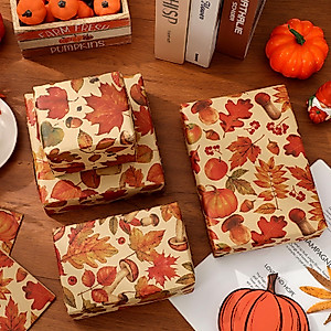 JarThenaAMCS 12 Sheets Fall Kraft Wrapping Paper - Not Roll - Maple Leaves Pumpkin Mushroom Gift Wrap Paper Folded Flat for DIY Craft Autumn Thanksgiving Harvest Party, 19.7 x 27.6 Inch