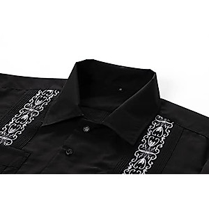 Men's Guayabera Shirts Short Sleeve Casual Snap Shirts(Black XL)