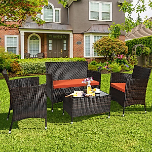 Tangkula 4-PCS Patio Rattan Conversation Set, Outdoor Wicker Furniture Set with Tempered Glass Coffee Table &Thick Cushion, Rattan Chair Wicker Set for Garden, Lawn, Poolside and Backyard (1, Orange)