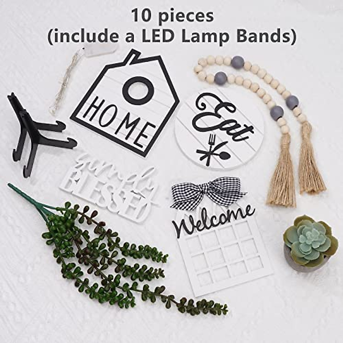 Telihel Tiered Tray Decor Set of 10, Farmhouse Tiered Tray Decorations, Exquisite Relief Design Sign Rustic Table Ornaments with Artificial Succelent Plants, String Lights for Kitchen Home Table Decor