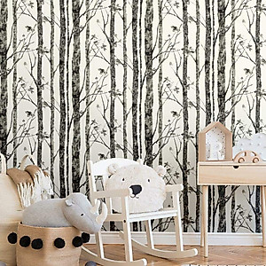 RoomMates RMK11728WP Birch Trees Gray Peel and Stick Wallpaper, White/Grey