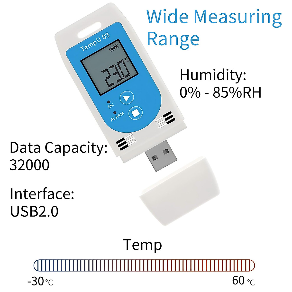 USB Temperature and Humidity, Data Loggers Recorders Data Acquisition Recorder, Temperature Humidity Data Logger PDF CVS Report with LCD Display 32000 Points for Warehouse, Logistics Transportation, C