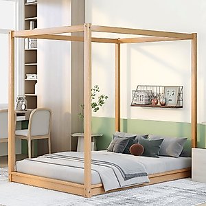 MWrouqfur 4-Poster King Size Canopy Floor Bed Frame, Morden Wood Low Profile Platform Beds with Wooden Slats Support, No Box Spring Needed (Natural)