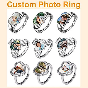 SILVERCUTE Angel Wings Ring with Picture Sterling Silver Feather Heart Engagement Ring Custom Photo Keepsake Jewelry for Women, Size 5 to 11