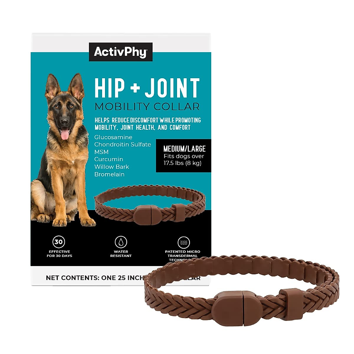 ACTIVPHY Hip + Joint Mobility Collar for Dogs with Glucosamine, Chondroitin, MSM, and More | Convenient & Easy | 30 Days of Continuous Support | Water Resistant (Med/Large)