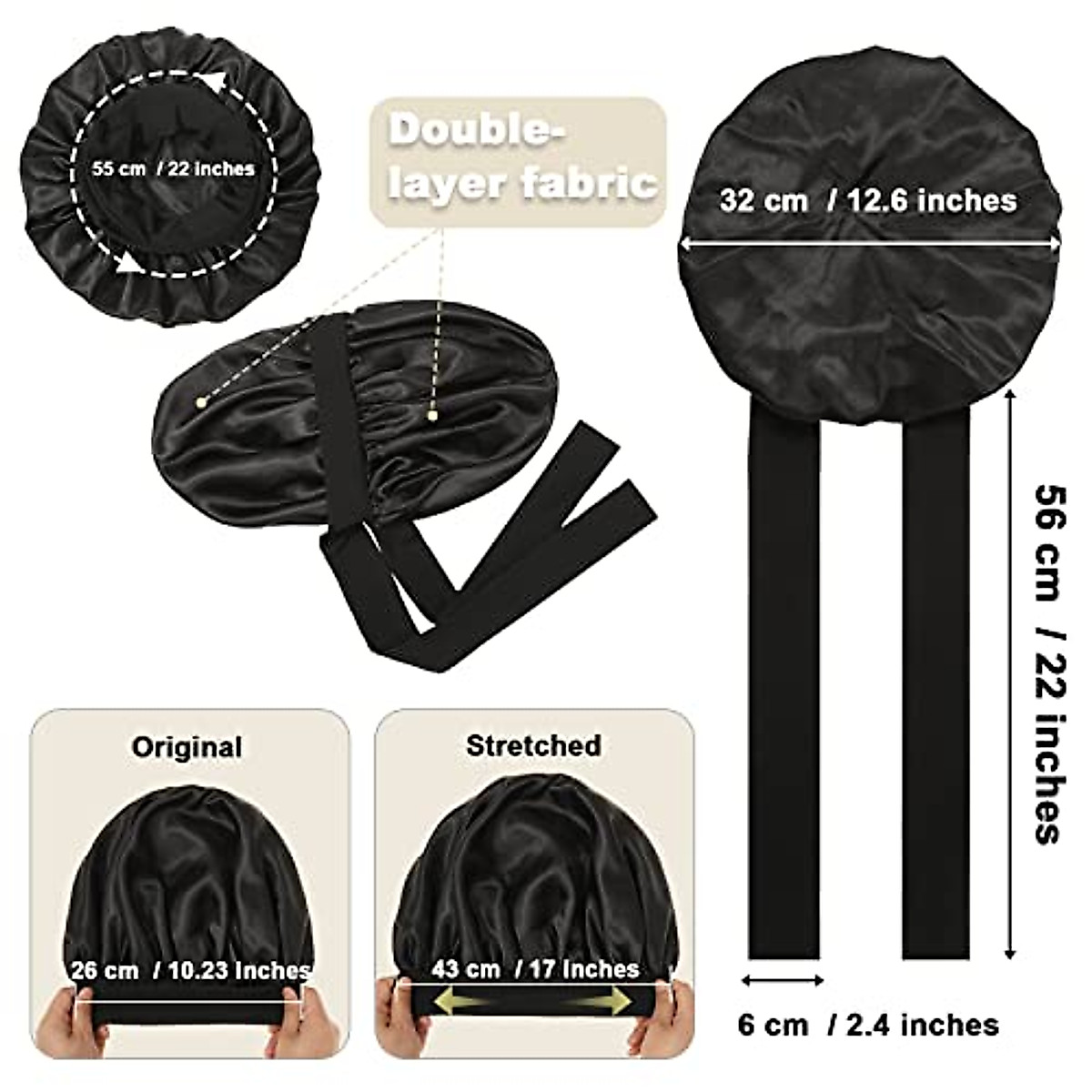 Satin Bonnet for Women Hair Bonnet for Sleeping Large Double Layer Silk Sleep Cap with Wide Elastic Band Hair Cap for Sleeping with 45PCS Waterproof Disposable Shower Caps (Black)