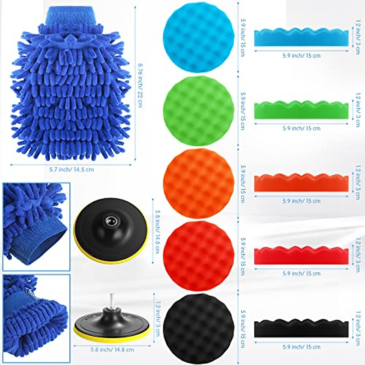 40 Pcs Car Polishing Kit Include 28 Pcs 5-6 Inch Microfiber Car Polishing Bonnet Pads 10 Pcs 6 Inch Wool Sponge Buffing and Foam Polish Pads Wax Buffer Polisher with Drill 2 Pcs Chenille Car Wash Mitt