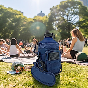 LUNCHALOT 1 Gallon Water Bottle Jug - 128 Oz Insulated Stainless Steel Metal Water Bottle with Holder - Carrying Bag - Spout Handle - Straw Lids - Keep Cold & Hot - Blue Tactical Flask