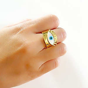 LESLIE BOULES 18K Gold Plated Evil Eye Ring Adjustable Size Jewelry for Women