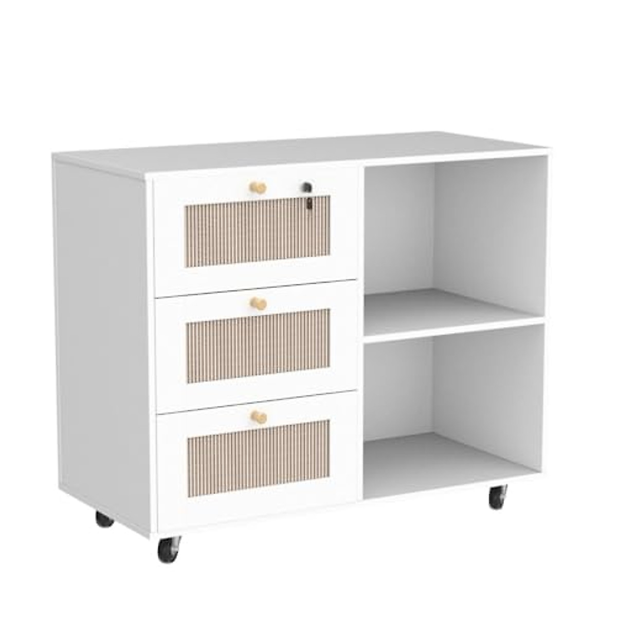 AWQM Wood Filing Cabinet with Lock,3 Drawers Office Storage Cabinet Printer Stand with Open Storage Shelves,Rattan Mobile File Cabinet for Home Office,White