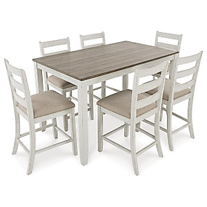 Signature Design by Ashley Skempton Modern Farmhouse Counter Height Dining Table and Upholstered Bar Stools, Set of 7, White & Light Brown