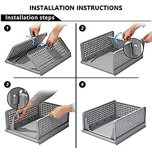 4 Pack Closet Basket Shelf Storage Bins Plastic Super Large Capacity Collapsible Kid Toy Rack for Kitchen Cabinets, Pantry, Offices, Bedrooms, Bathrooms(Gray)