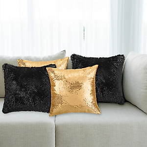 Mixweer 4 Pcs Sequin and Fluffy Pillow Cases Glitter Pillow Covers Faux Fur Throw Covers Decorative Cushion Case for Couch Bed Sofa Wedding, No Insert(18'',Gold, Black)