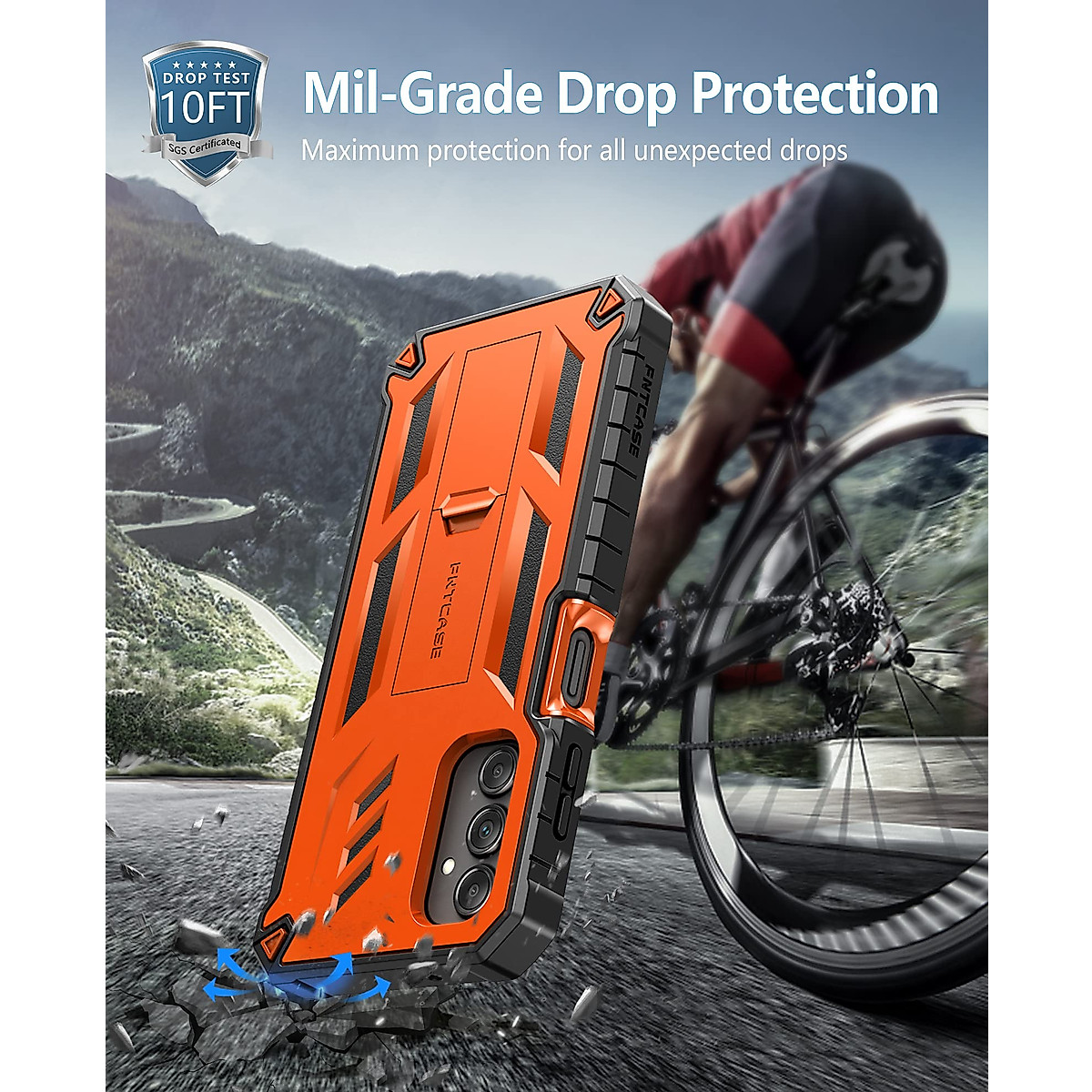 FNTCASE for Samsung Galaxy A14-5G Case: Dual-Layer Protective Textured Shockproof Rugged TPU Cover with Kickstand | Military Grade Drop Protection | Heavy Duty Cell Phone Protector - Orange