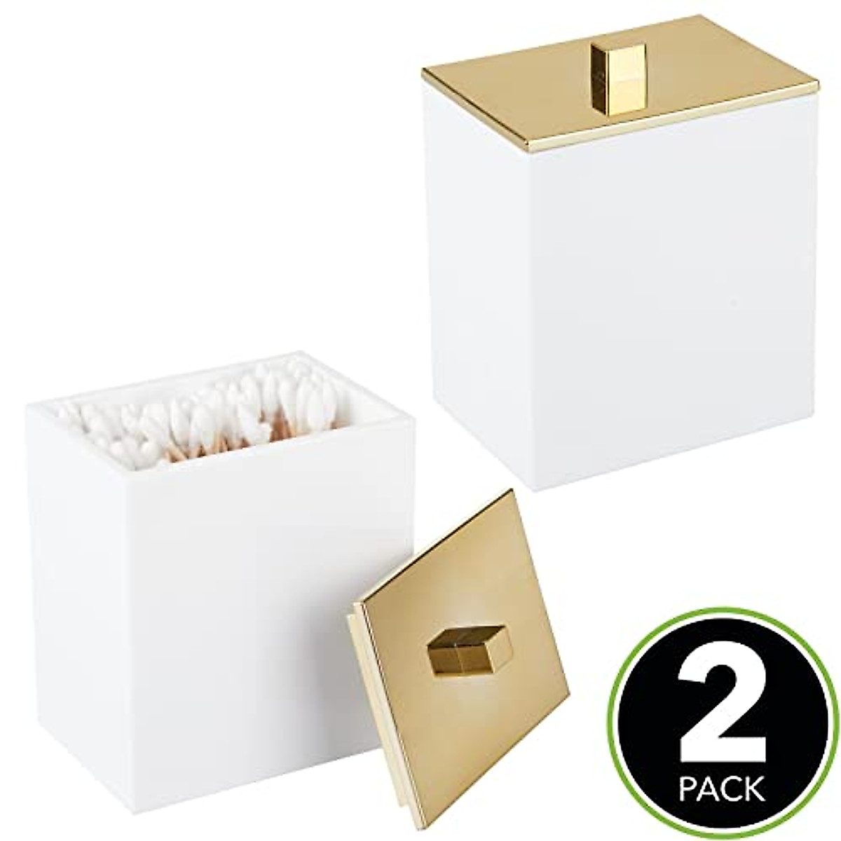 mDesign Plastic Rectangle Apothecary Canister - Organizer for Bathroom Vanity Countertop Shelf Decor - Holds Cotton Swabs, Soap, Makeup, Bath Salts - Lumiere Collection - 2 Pack - White/Soft Brass