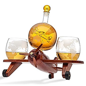 Godinger Whiskey Decanter Airplane Globe Set with 2 World Whiskey Glasses - for Liquor Scotch Bourbon Vodka