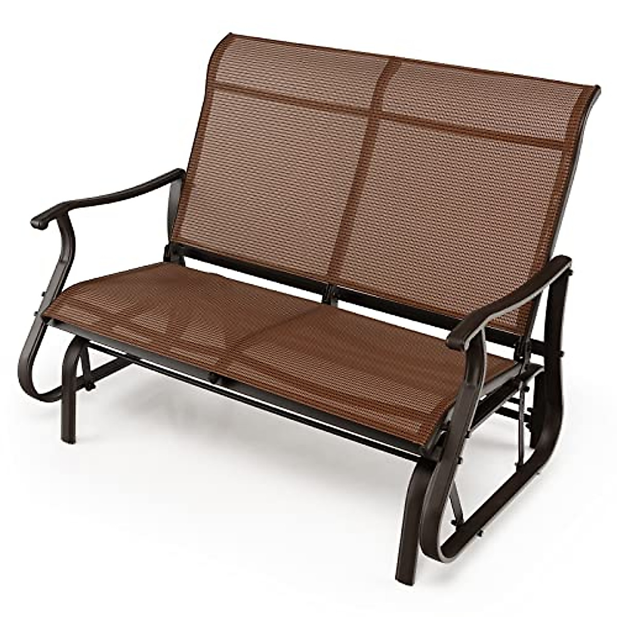 Tangkula Patio Glider Bench, 2-Person Outdoor Rocking Bench with High Back & Curved Armrests, Swing Glider Loveseat with Spacious Seat for Backyard, Balcony, Poolside, Porch (Brown)