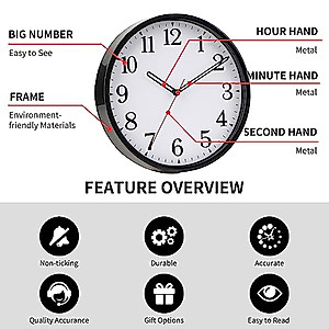 Wall Clock Modern 9 Inch Battery Operated Wall Clocks - Silent Non Ticking Classic Small Analog Clock for Office, Home, Bathroom, Kitchen, Bedroom, School, Living Room(Black)