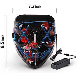 PENGYOU LED Halloween Mask Face El Wire Glow Scary Purge Light Up Masks LED for Women Men Kids Festival Gifts Blue, 8x6.9x3.5 inches