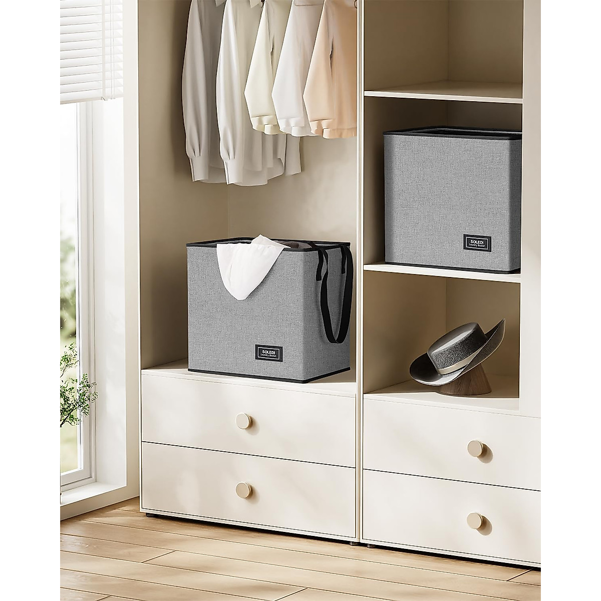 SOLEDI Collapsible Laundry Baskets, 2-Pack 50L (13 Gal) Collapsible Laundry Tote with Extended Easy Carry Handle, Sturdy Iron Wire Frame, Freestanding Clothes Basket for Bathroom, Bedroom, Dorm. Grey